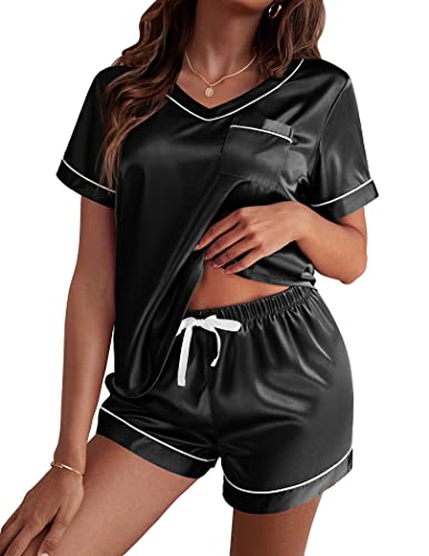 Ekouaer Women Silk Pajama Sets Loose V Neck Two Piece Satin Pjs Sets Short Sleeve Luxury Silky Nightwear Black XL