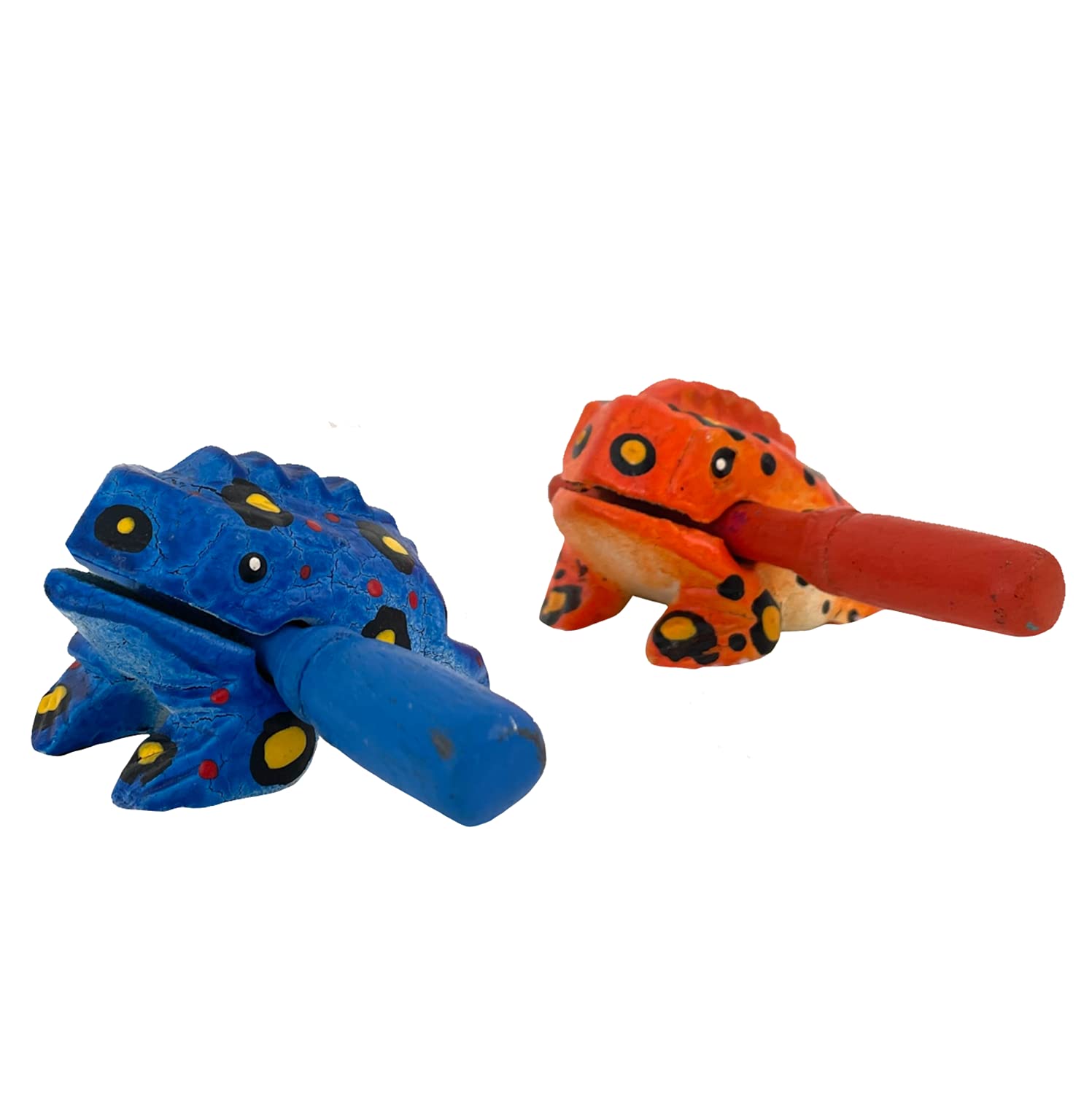 Cozinest Pair Wooden Frogs Guiro Rasp Percussion Instruments Tone Block Thailand Craft Small Wood Frog Musical Instrument 2 Inch (Blue and Orange Dots)