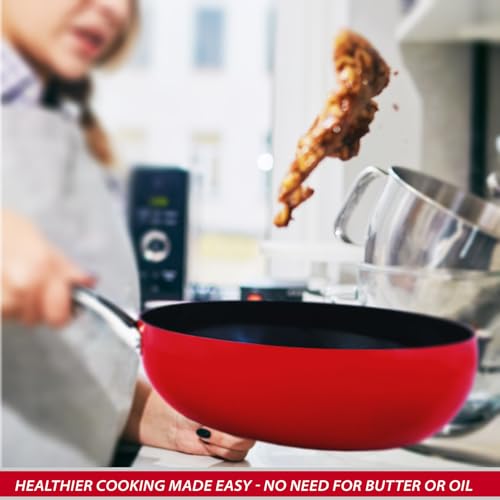 DiamoTech Diamond Ceramic Coated Nonstick Wok, Healthy Cooking, Utensil Safe, 100% PTFE/PFOA/PFOS Free, Ultra-Durable Coating, Ergonomic Handle (Red, 12" Wok)