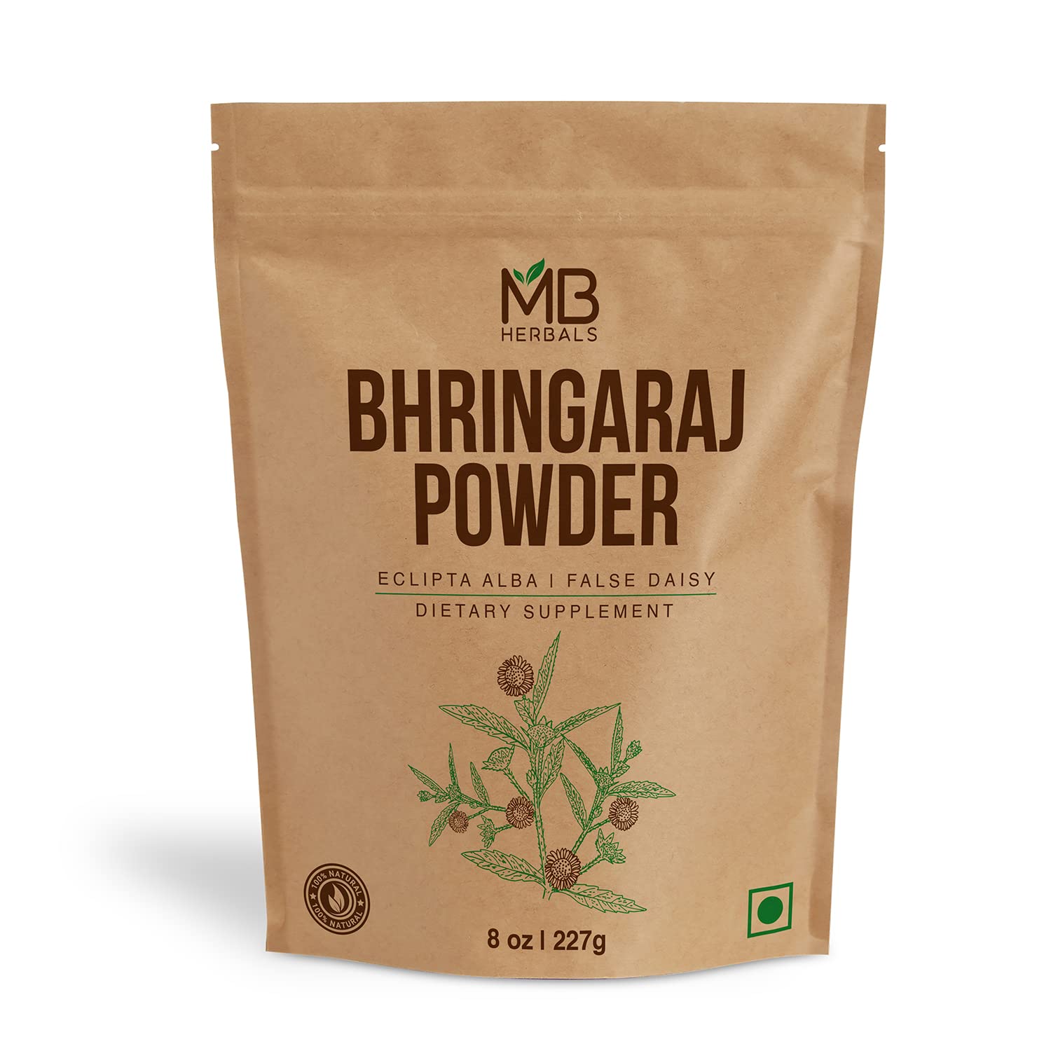 MB Herbals Bhringraj Powder, 227g | 8 oz | 0.5 LB | 100% Pure Eclipta alba | Hair Growth, Brown - Packing May Vary