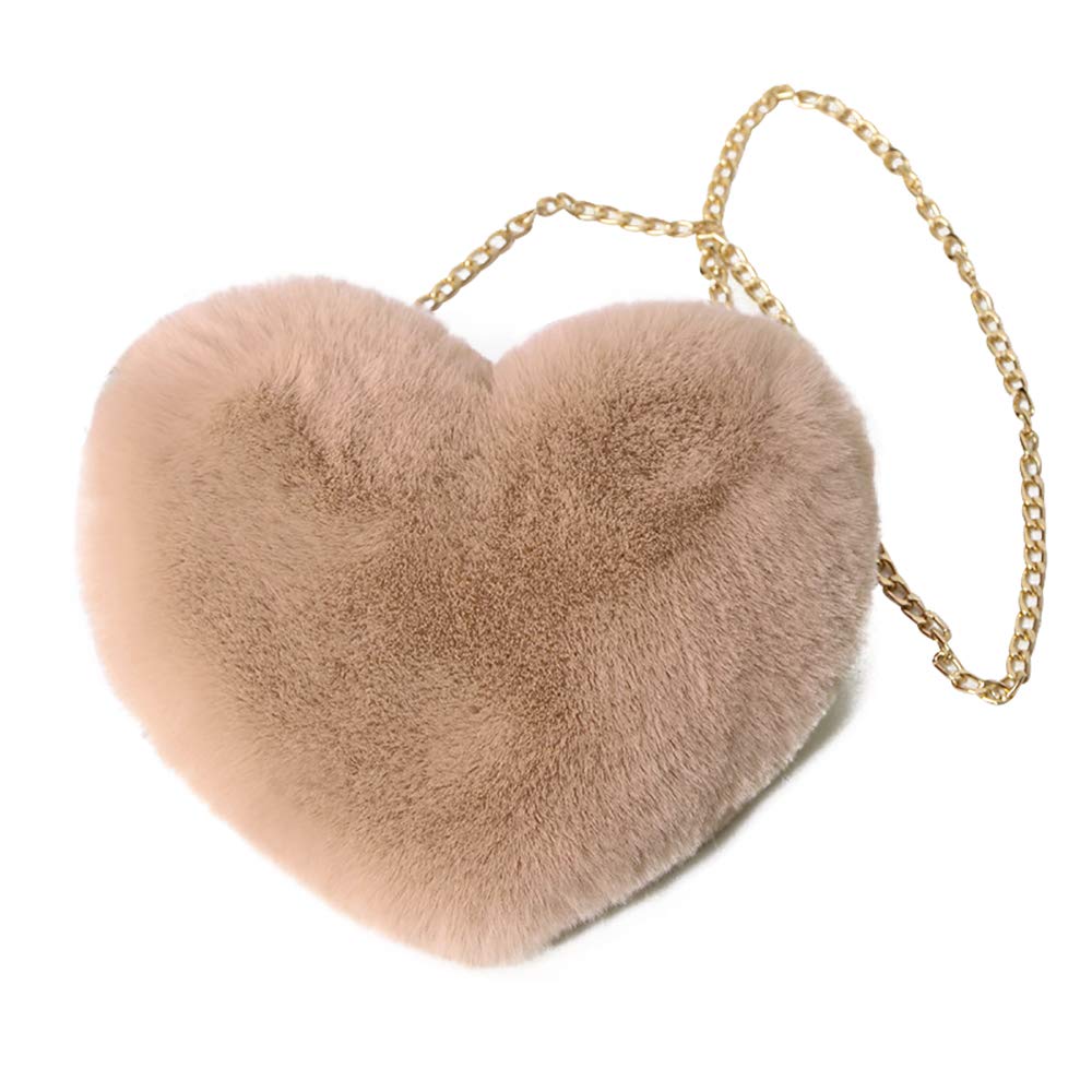 COSTYLE Valentine's Day Women Chain Plush Heart-shaped Bag Faux Fur Crossbody Bag Daily Cute Pouch Plush Wallet Red (Brown)