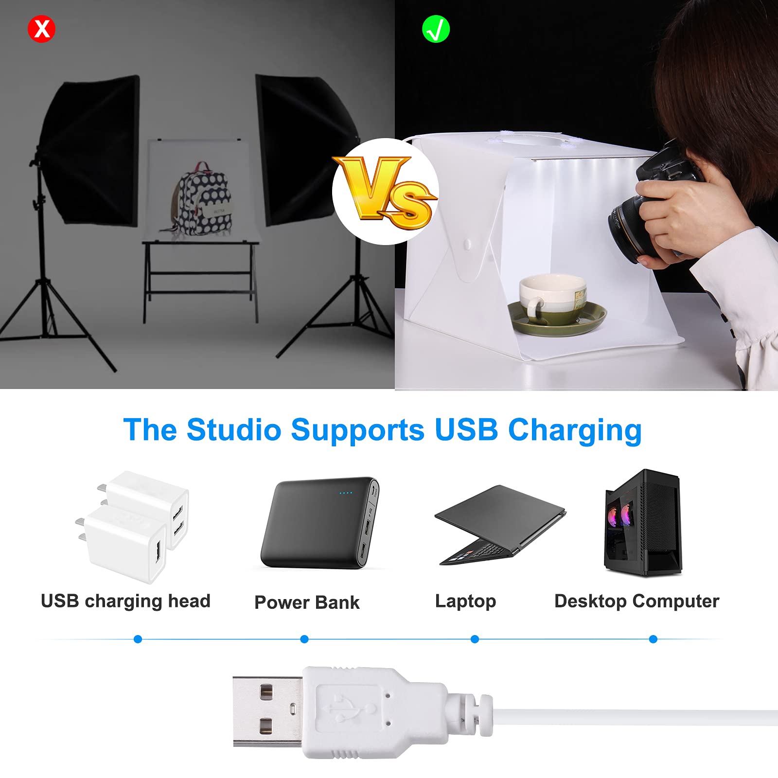 Mini Photo Studio Box, 9 x 9 Inches Shooting Tent Kit, Foldable Photography Booth With 2 x 20 LED Beads + 6 Colors Backdrops