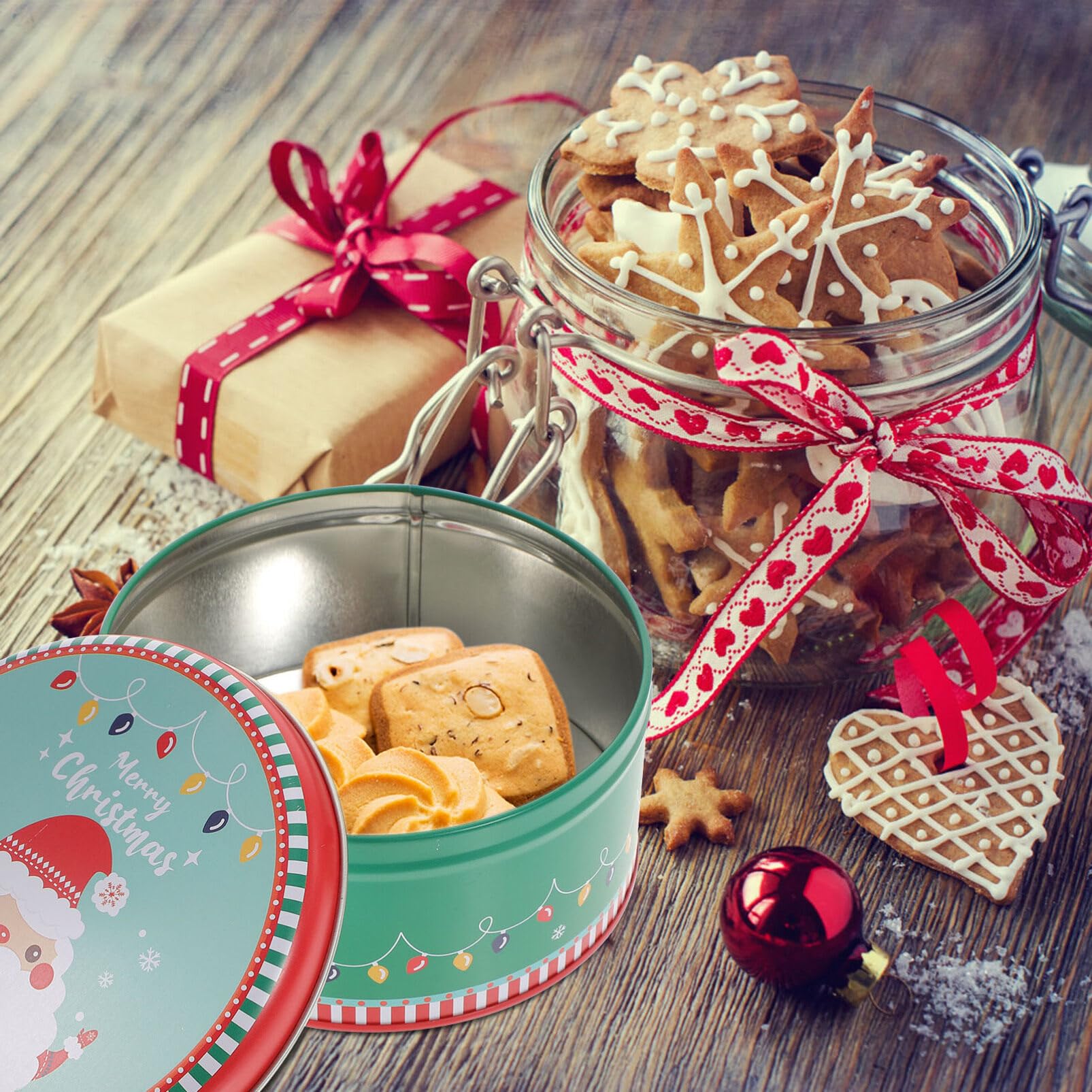 4pcs Round Christmas Cookie Tins- Metal Cookie Tins with Lids for Giving- Decorative Christmas Storage Containers for Storing Candies Biscuits Treat Small and More