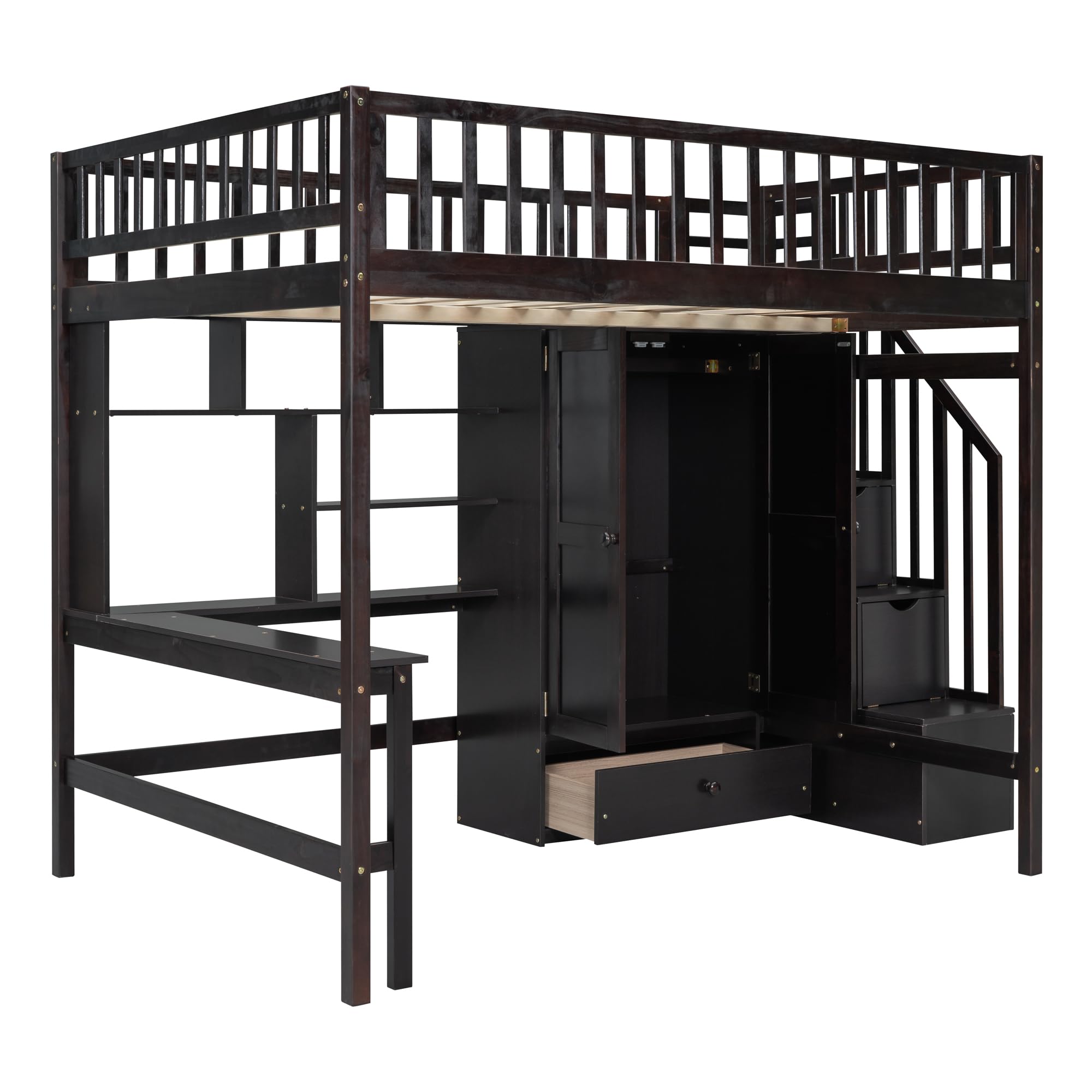 Full Size Loft Bed with Desk, Wardrobe, High Loft Bed Frame with Storage Staircases, Drawer Solid Wood Loft Beds for Kids, Boys and Girls,Teens, No Box Spring Needed (Espresso)