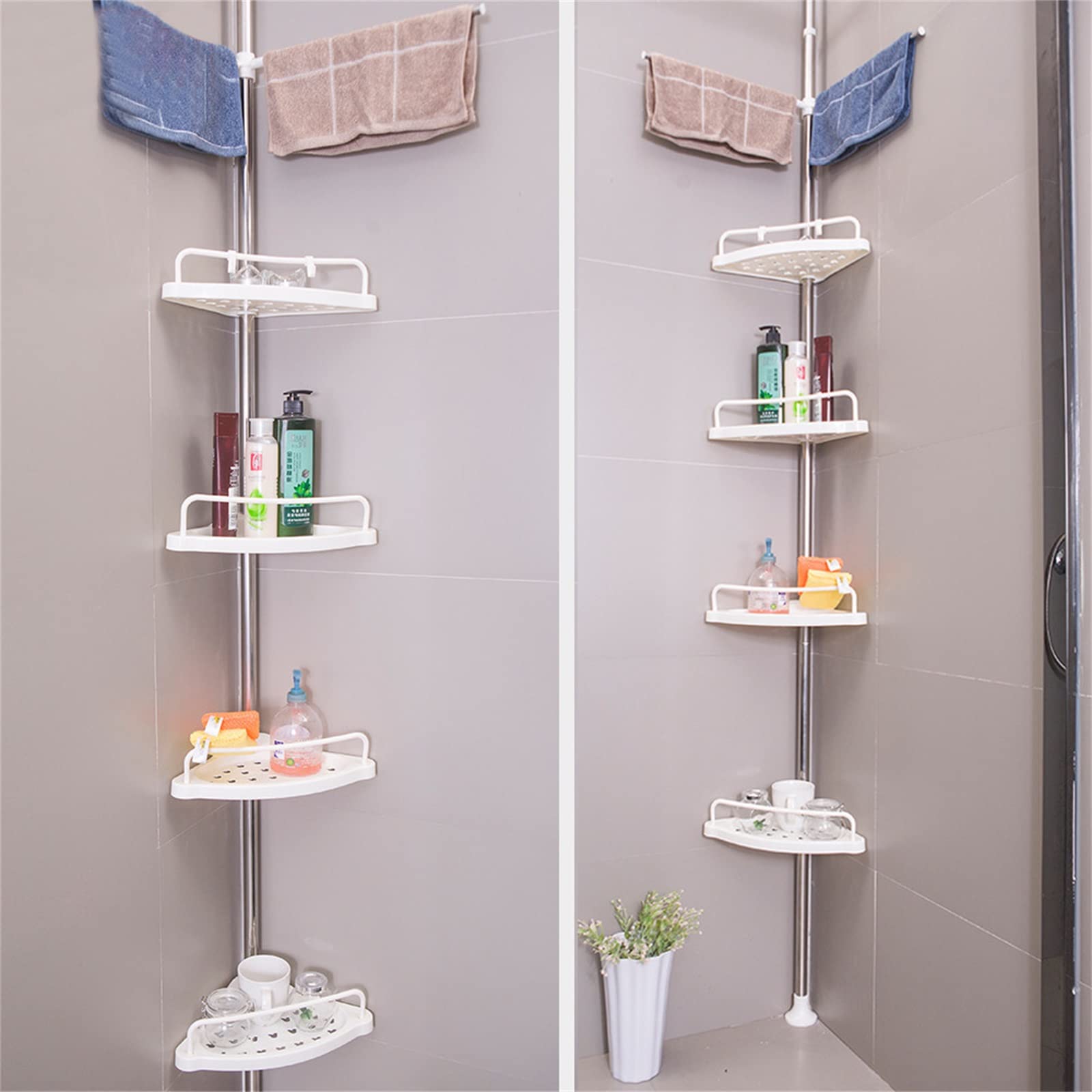 GDNTMU 4 Tier Bathroom Corner Shower shelf Tension Pole Rust Proof Telescopic Rod Storage Rack Organizer Corner Shower Organizer