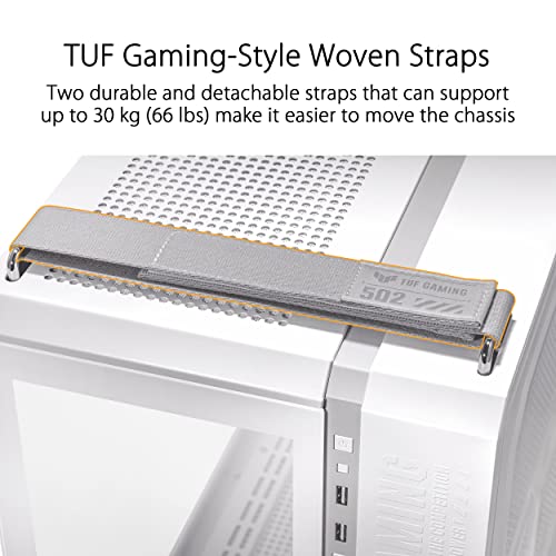 ASUS TUF Gaming GT502 White ATX Mid-Tower Computer Case,Front Panel RGB Button,USB 3.2 Type-C,2x USB 3.0 Ports,Tool-free Side Panel,ARGB Hub, 360mm and 280mm Radiator compatible, Fabric Handle on top.