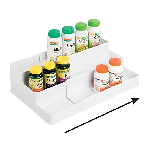 mDesign Plastic Expandable 3-Tier Shelf Rack Organizer - Storage for Bathroom Vanity, Cabinet, Cupboard, Drawer - Holds Medicine, Vitamins, Supplements, Cosmetics - Ligne Collection - 2 Pack, White