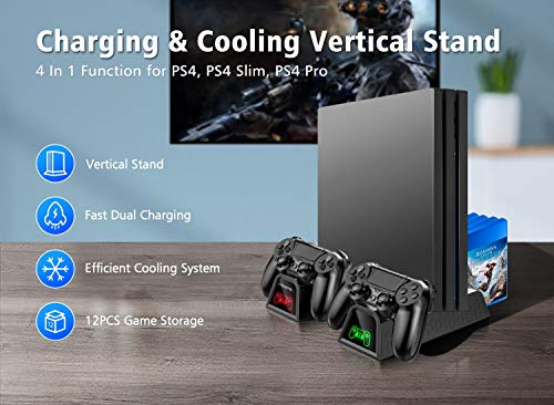 OIVO PS4 Stand Cooling Fan Station for Playstation 4/PS4 Slim/PS4 Pro, PS4 Pro Vertical Stand with Dual Controller EXT Port Charger Dock Station and 12 Game Slots