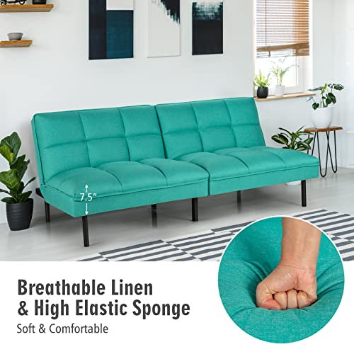 Giantex Sofa Bed, Convertible Sleeper Couch, Linen Fabric Futon, Recliner with 3 Level Adjustable Backrest, Metal Legs, 71βx35.5βx31β, Living Room Bedroom Reception Room (Turquoise)