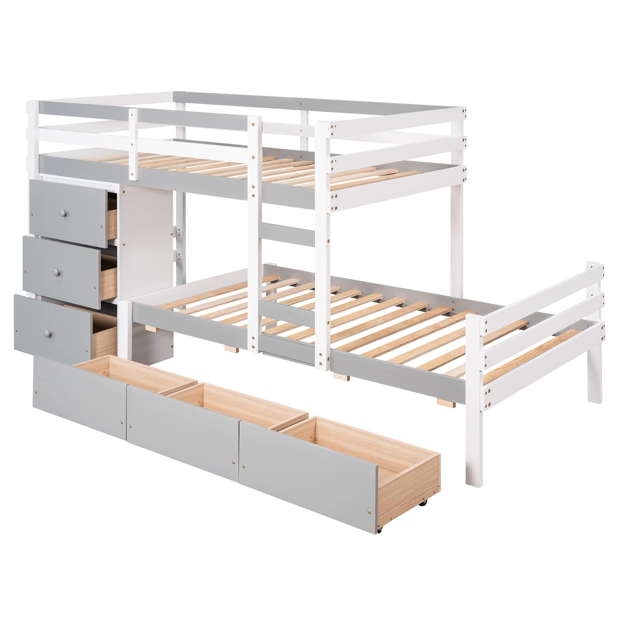 Harper & Bright Designs Low Bunk Bed with Storage Drawers and Ladder, Solid Wood Twin Over Twin Bunk Bed Frame for Kids Teens Girls Boys - Natural