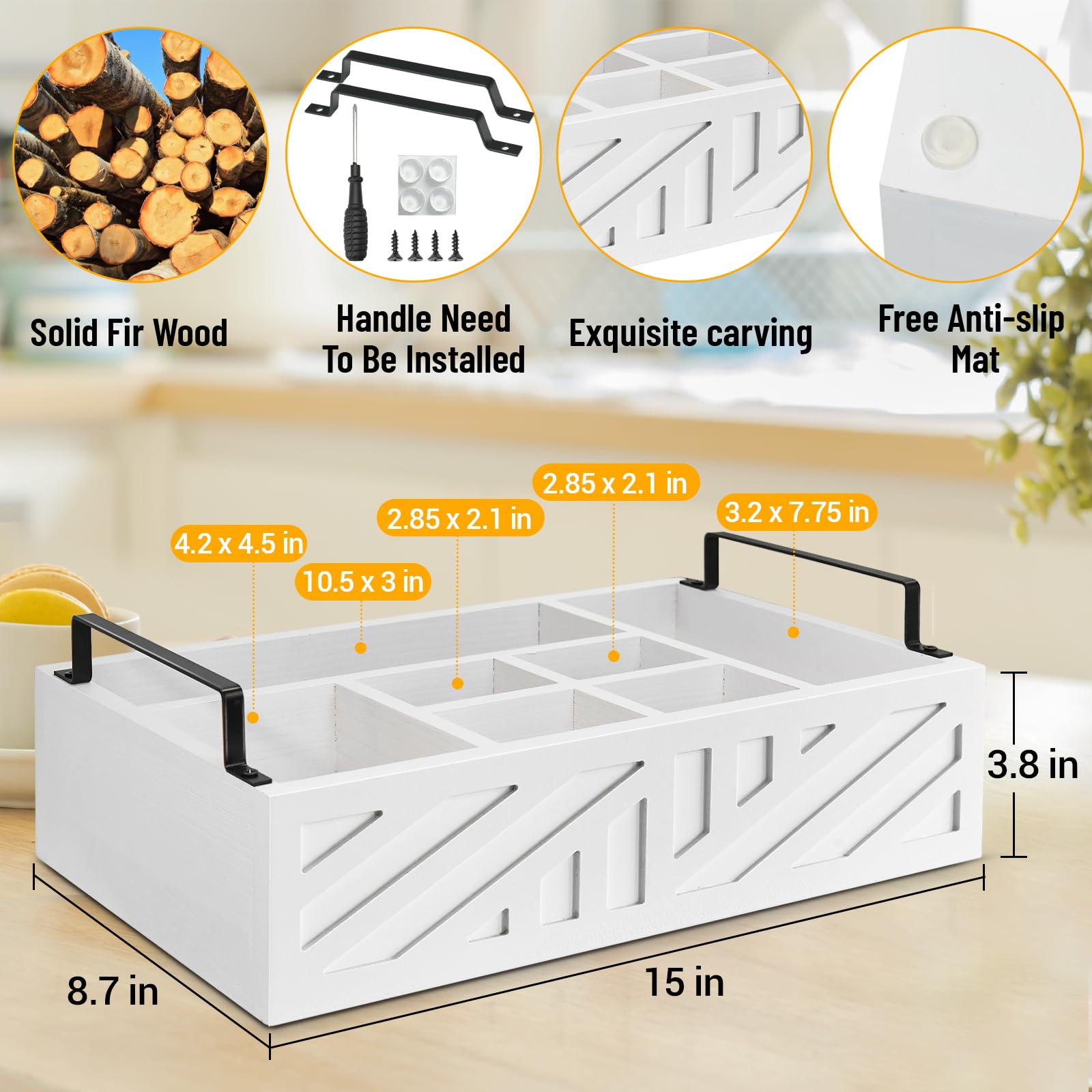 Ameuphercy Paper Plate Holder Utensil Caddy for Kitchen Counter,Paper Plate Dispenser with Large Cup Holder for Kitchen Counter, Paper Plate Organizer for Party,Wedding, BBQ(White-Carving)