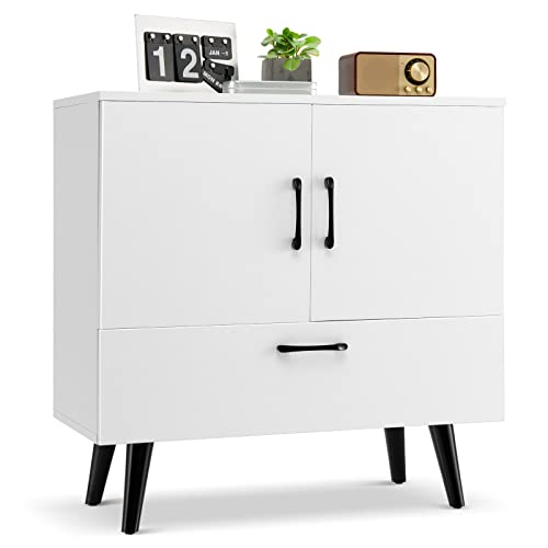 Giantex Storage Cabinet Buffet Sideboard, Accent Cabinet with Doors, Pull-Out Drawer, Freestanding Bathroom Floor Cabinet, Cupboard for Living Room, Entryway Dining Room Bar Cabinet (White)