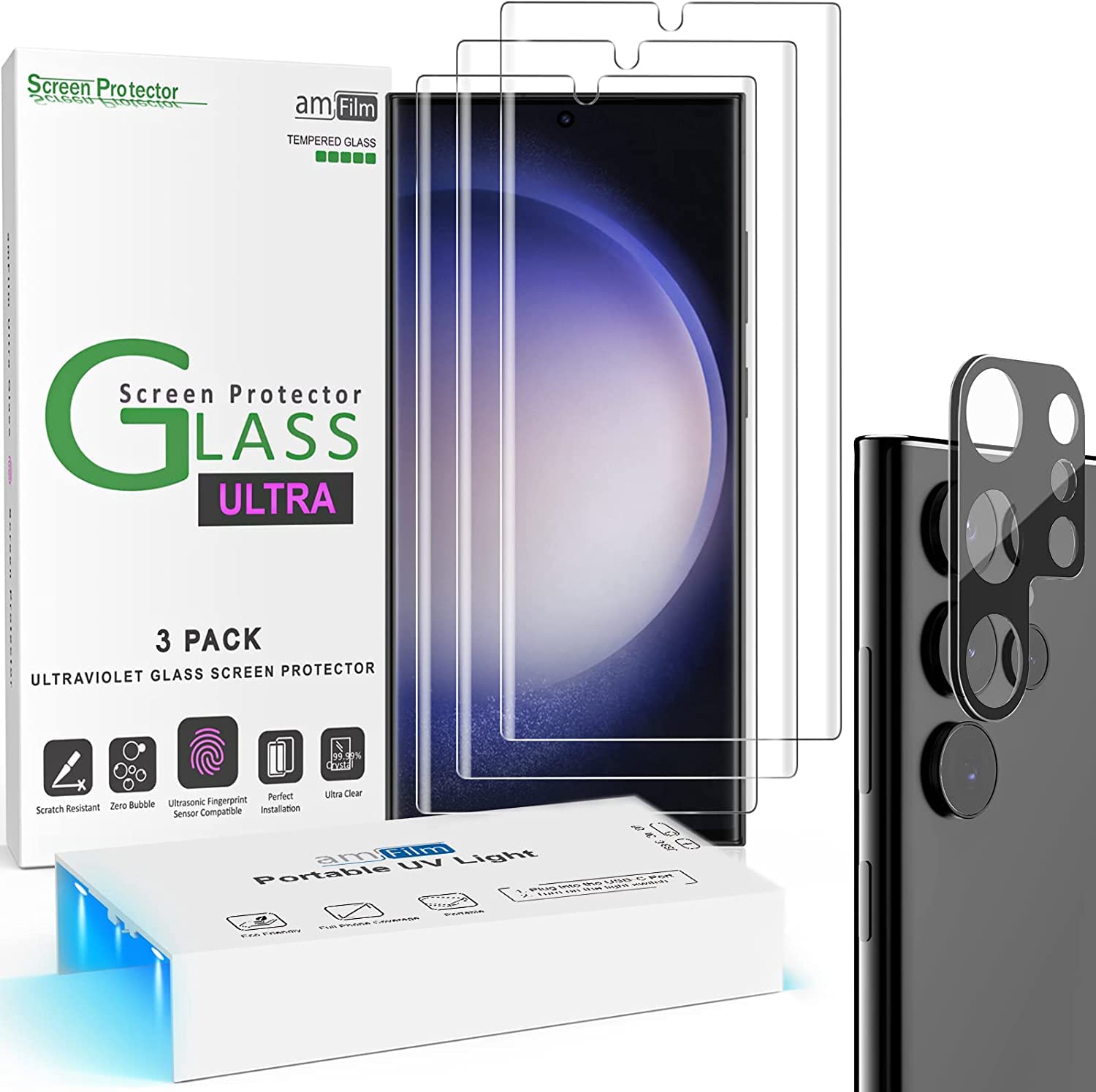 amFilm [3+1 Pack] 3D Curved Tempered Glass for S23 Ultra Screen Protector Samsung Galaxy 6.8 Inch with Liquid Dispersion Tech, Designed for Fingerprint Reader, Upgraded Easier Application Tray.