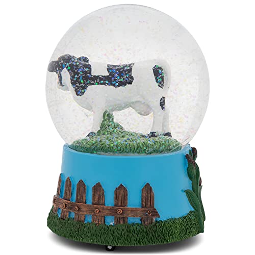 Elanze Designs Cow and Farm Green Holstein Dairy Steer Bull Heifer Calf Barn Silo Corn Stalks Grass Prairie Ranch Big Sky 100MM Musical Glitter Snow Globe Plays Tune Born Free