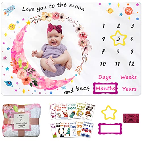 Kmivo Milestone Blanket for Baby Girl, Baby Monthly Photo Blankets Soft Large Memory Blanket with Headband & Milestone Cards for Newborn Baby Shower, 60â x 40â