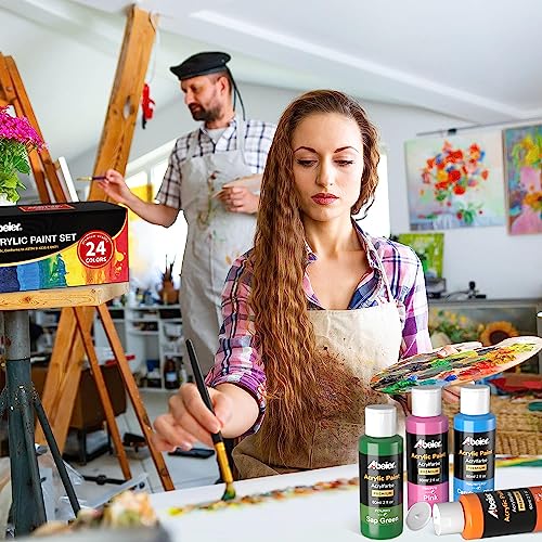 ABEIER Acrylic Paint Set, 24 Colors (60ml/2oz) with 12Paint Brushes, Non-Toxic, Waterproof, Strong Coverage for Kids Adults Beginners Students, Painting on Canvas Stone Wood Fabric Rocks Ceramic