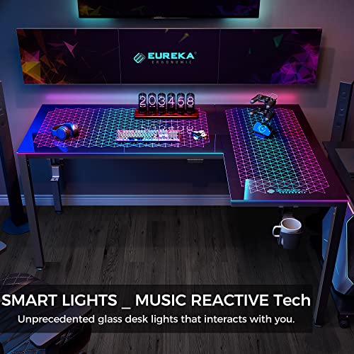 EUREKA ERGONOMIC Music Sensing RGB LED Lights Glass Gaming Desk, 60 Inch L Shaped Reversible Top, Home Office Corner Computer Studio Table Gifts GTG L60 w Cup Headset Socket Holder, Smart APP Control