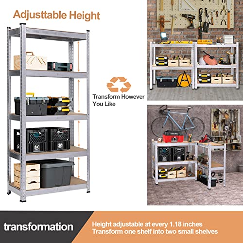Timati Heavy Duty 5-Tier Adjustable Metal Shelving Unit Utility Rack Shelves,Reversible Metal Storage Shelving with Foot Pads for Warehouse, Basement, Kitchen- Silver