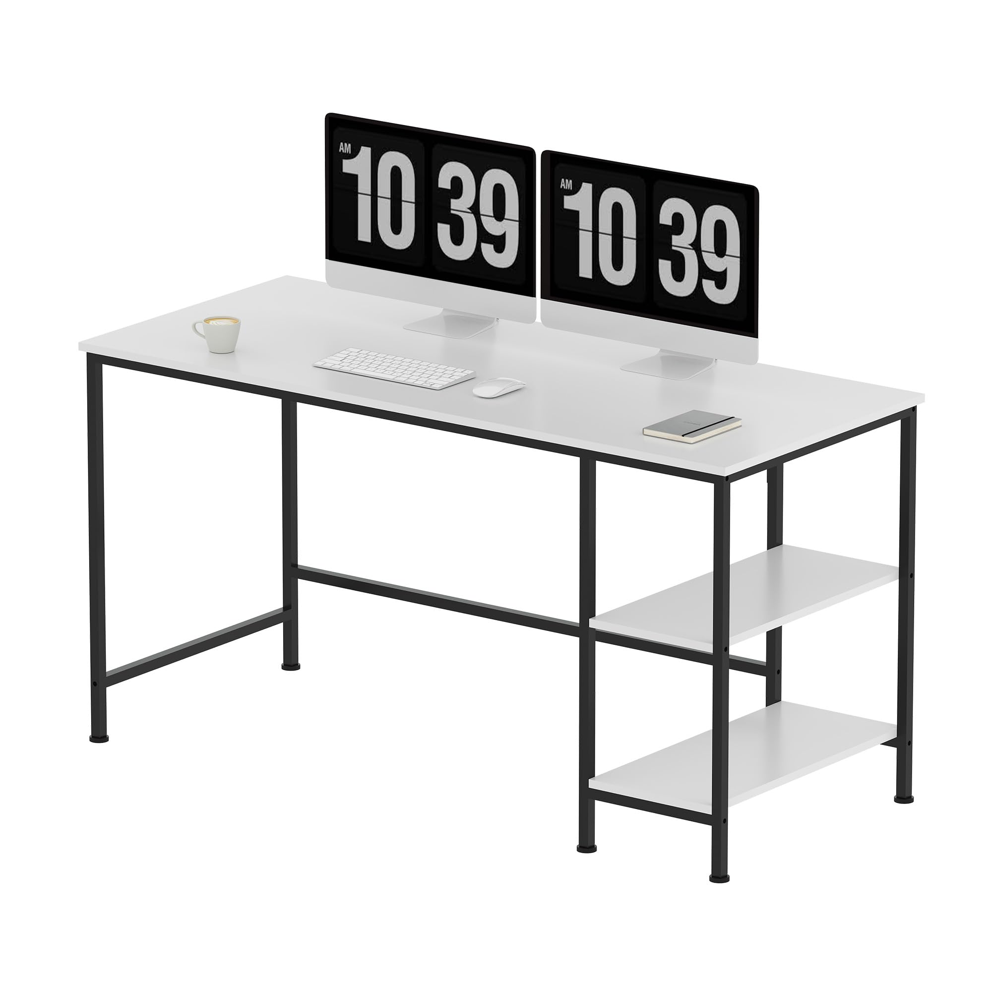 SANODESK 55 Inch Computer Desk with 2-Tier Shelf, Home Office Desk with Wood Table and Metal Frame, White