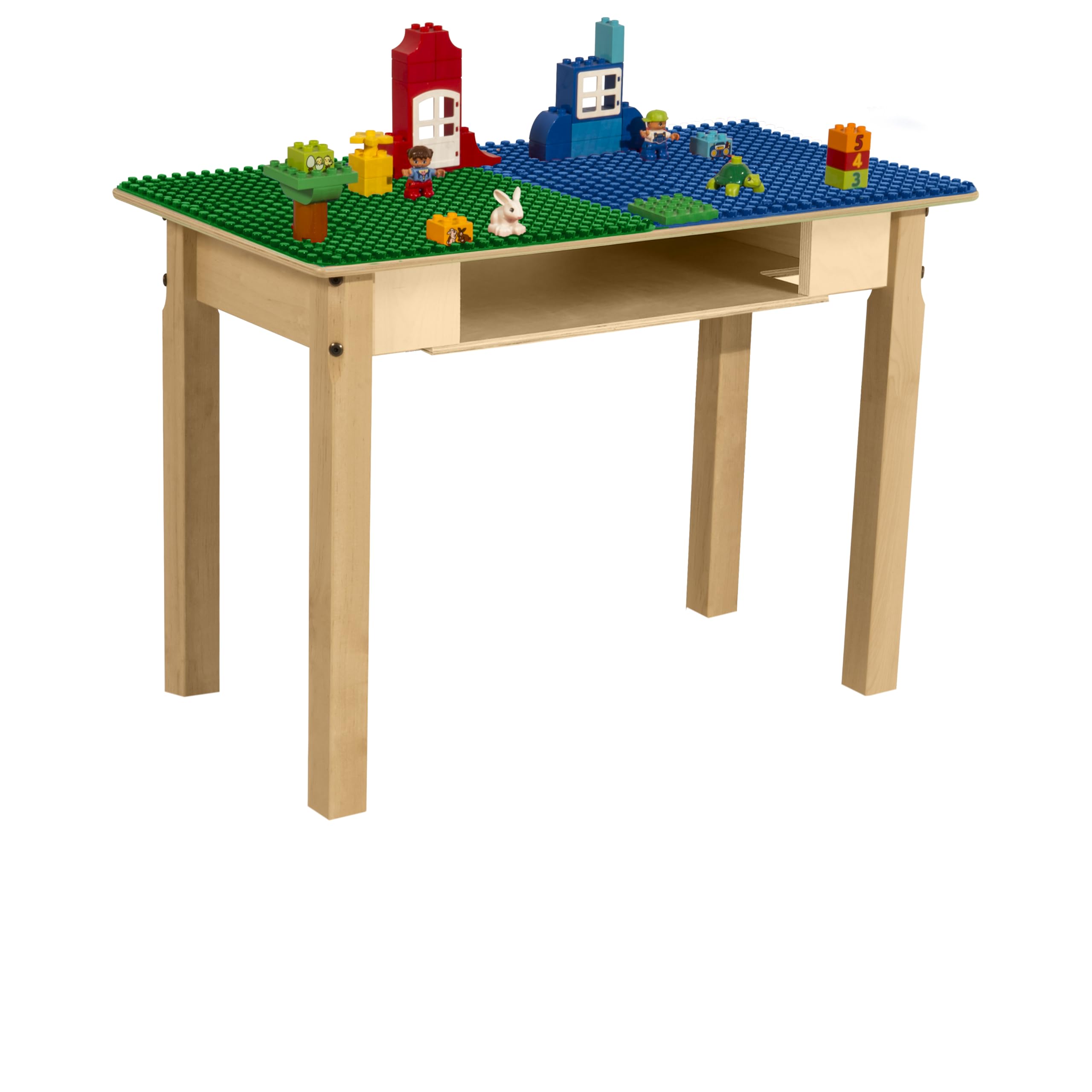 Contender Time-2-Play 30.75" W Rectangular Blue & Green Duplo Blocks Compatible Play Table with 20" Long Legs, Natural Finish Children Activity Play Table, Solid Wood Desk for Playroom