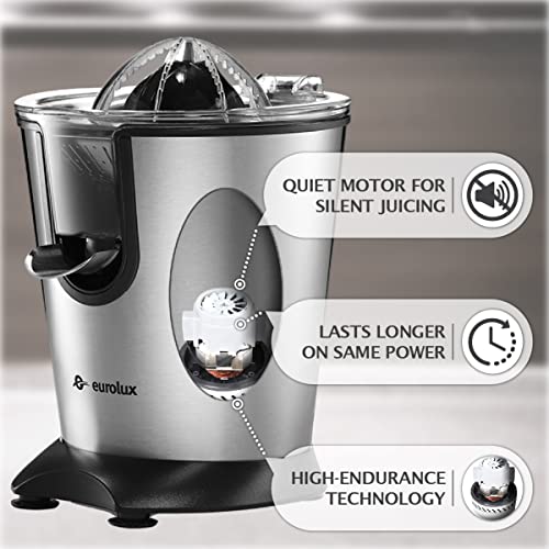 Eurolux Electric Citrus Juicer Squeezer, for Orange, Lemon, Grapefruit, With 160 Watts of Power, Brushed Stainless Steel