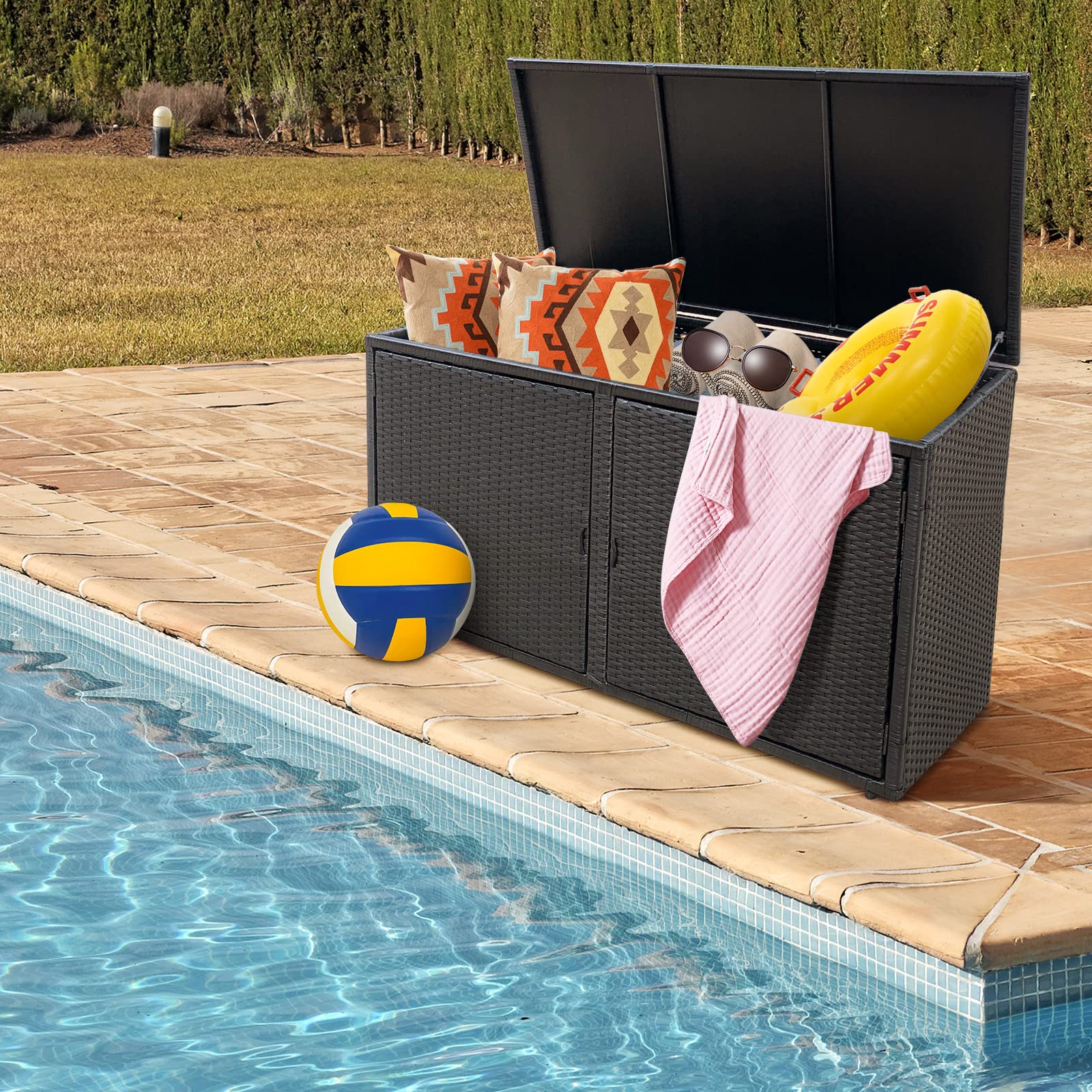 HAPPYGRILL Deck Box Outdoor Wicker Storage Box Cabinet, 88 Gallon Patio Rattan Storage Container Bin Box for Furniture Tools in Garden Balcony Porch Yard