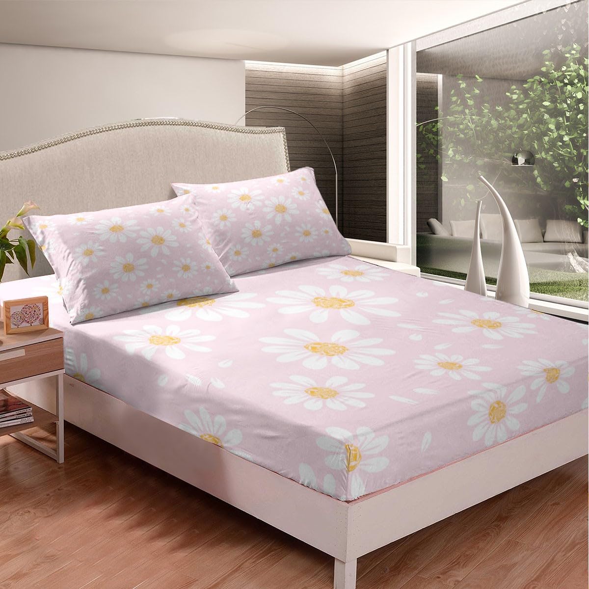 White Daisy Kids Fitted Sheet Full Size,Flowers Plants Rustic Farmhouse Bedding Set,Girls Boys Adults Room Decor,Botanical Florals Theme Bed Cover,Pink Romantic Bed Sheet,2 Pillowcases(Not Flat Sheet)
