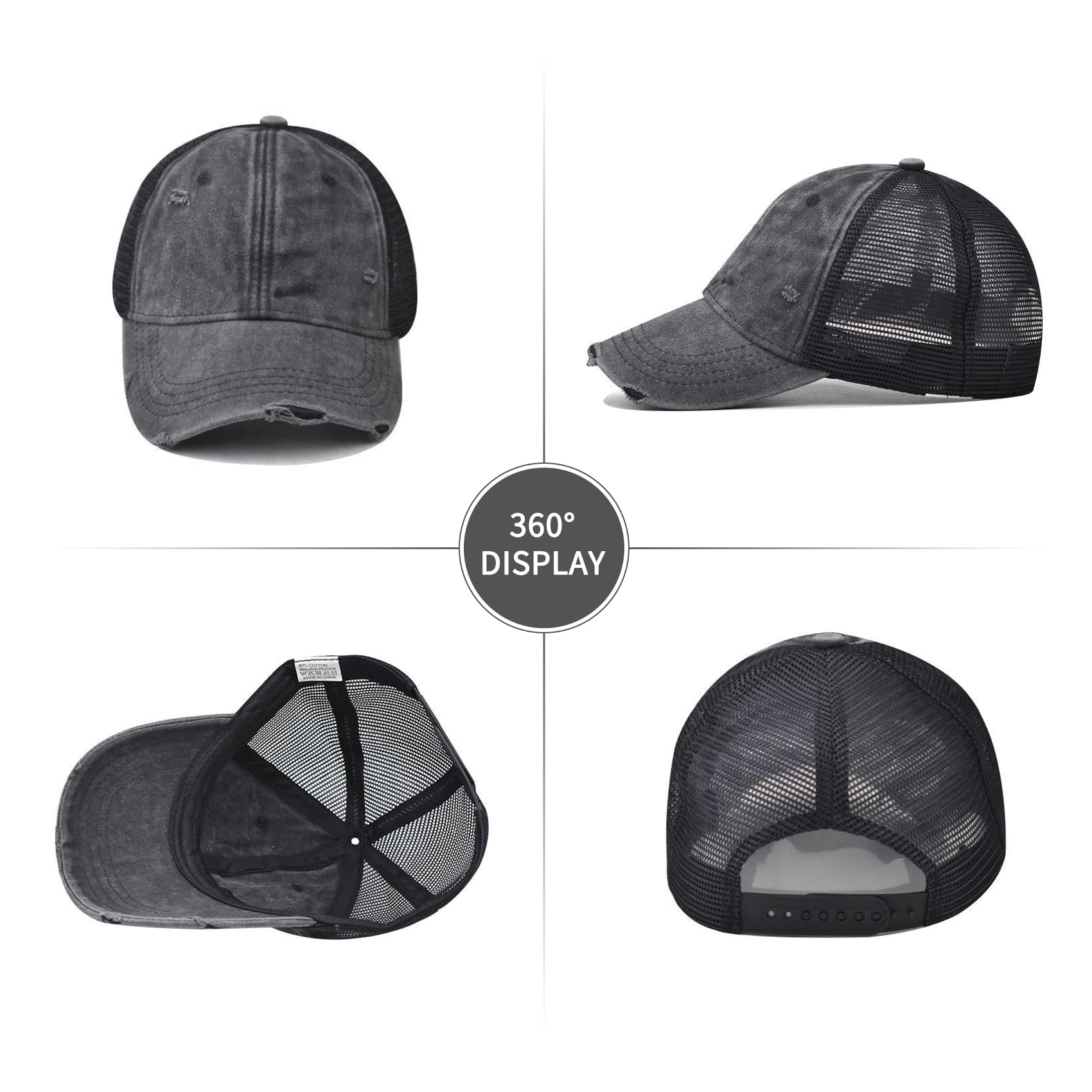 4 Pack Criss Cross Ponytail Hat Washed Distressed Women Mesh Baseball Caps Messy Bun Ponycaps