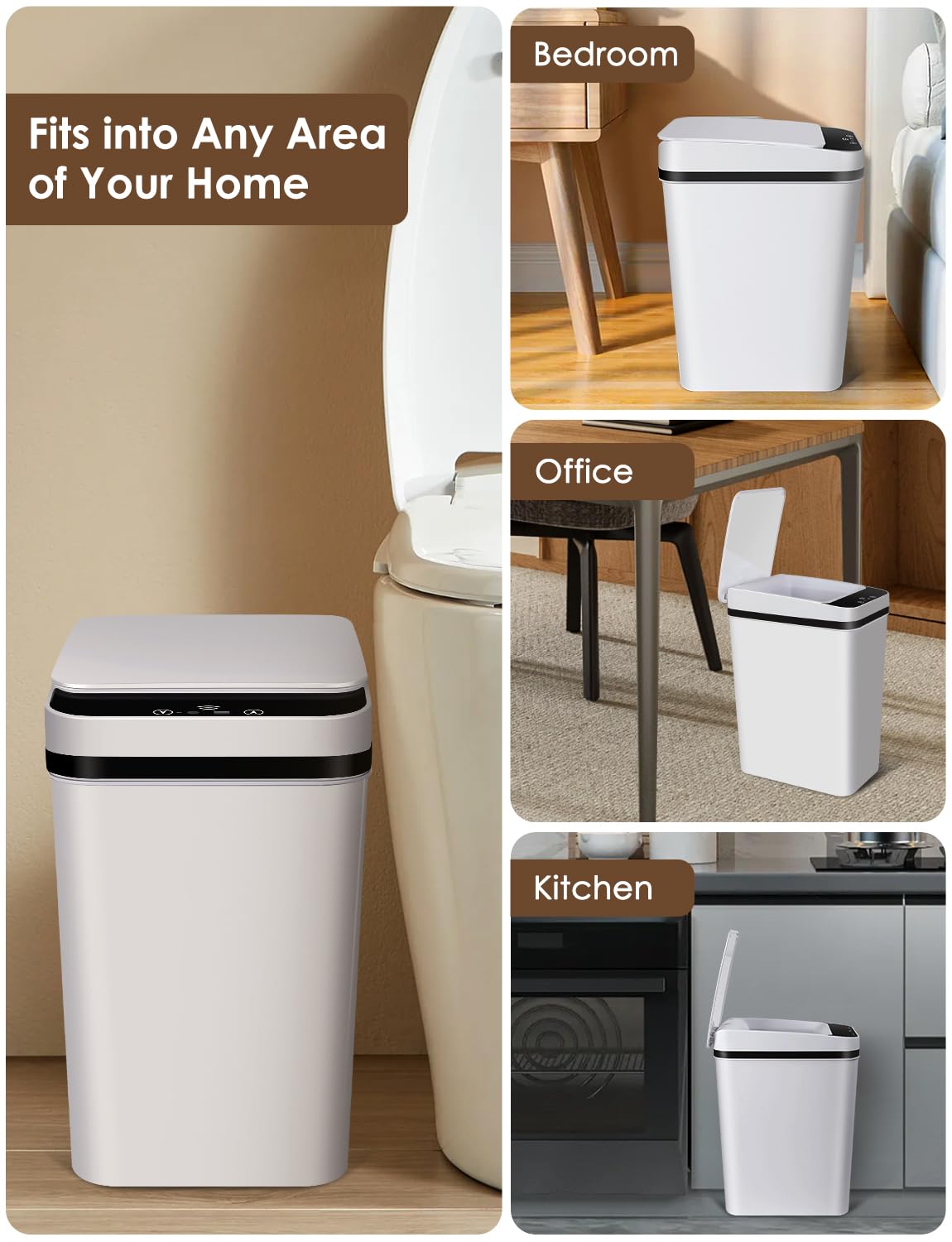 Tameler Automatic Bathroom Trash Cans with Lids - Touchless Motion Sensor, 2.5 Gallon + 4 Gallon, White, Plastic