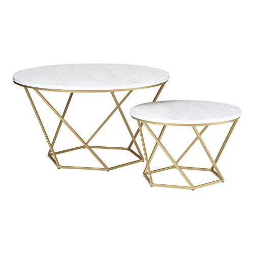 Walker Edison Modern Round Nesting Coffee Table Living Room Accent Ottoman Storage Shelf, Set Of 2, Marble and Gold