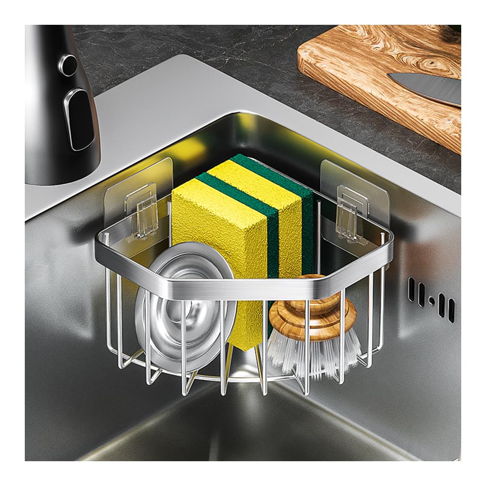 Sink Sponge Holder Corner Sink Caddy Sink Organizer for Kitchen Bathroom Save Space Triangle Soap Holder Stainless Steel Shower Caddy No Drilling Sponge Caddy with 2 Pcs Adhesive Hook