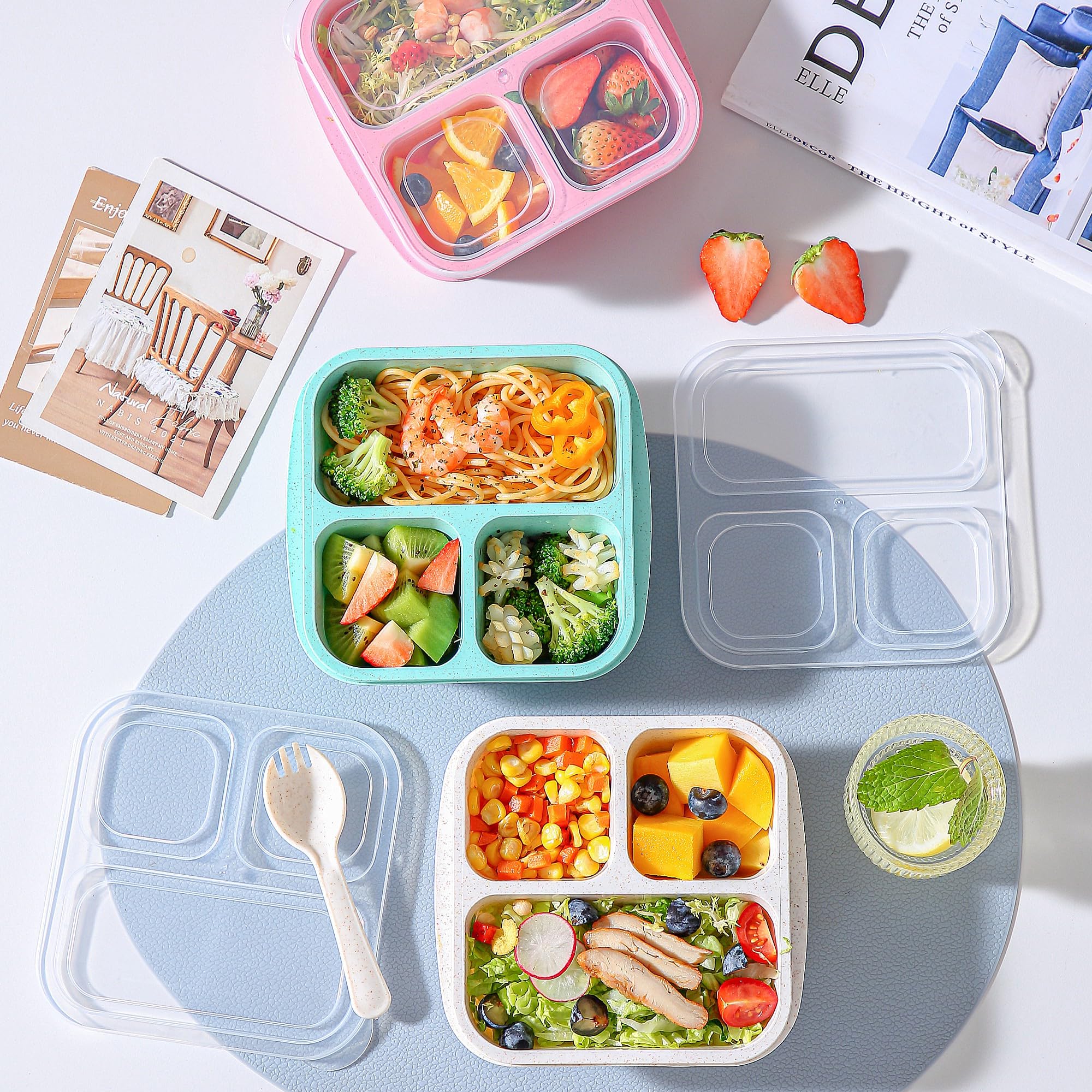 Bento Box For Kids, 4 Pack 3 Compartments Meal Prep Containers Reusable Lunch Containers, Food Storage Containers With Lids, Stackable Snack Boxes for School, Work, and Travel