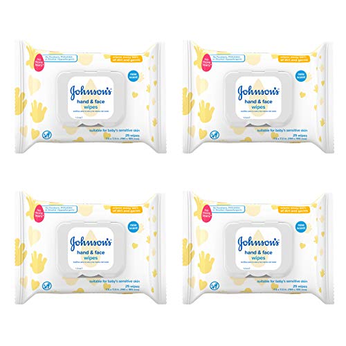 Johnson's Hand & Face Baby Sanitizing Cleansing Wipes for Travel and On-The-Go, No More Tears Formula, Paraben and Alcohol Free, 25 ct, Case of 4