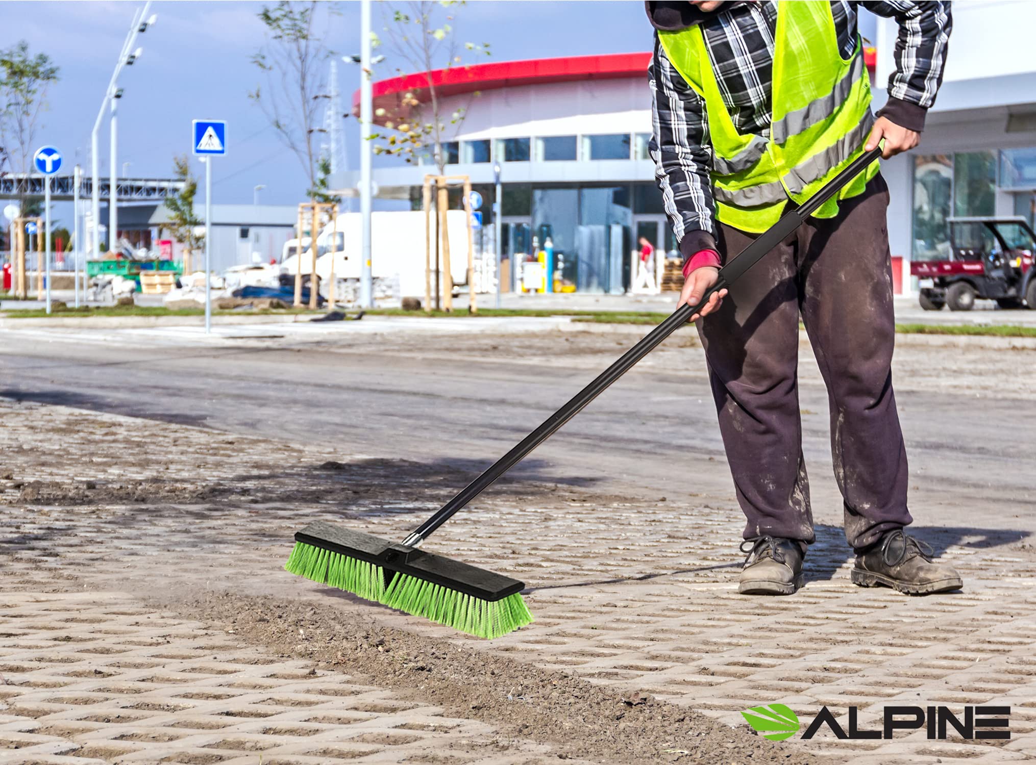Alpine Industries Push Broom Heavy Duty Smooth Surface Broom Deck Scrubber Long Handle Commercial Floor Scrub Broom Cleans Dirt, Debris, Sand, Mud, Leaves and Water (Green, 24 in)