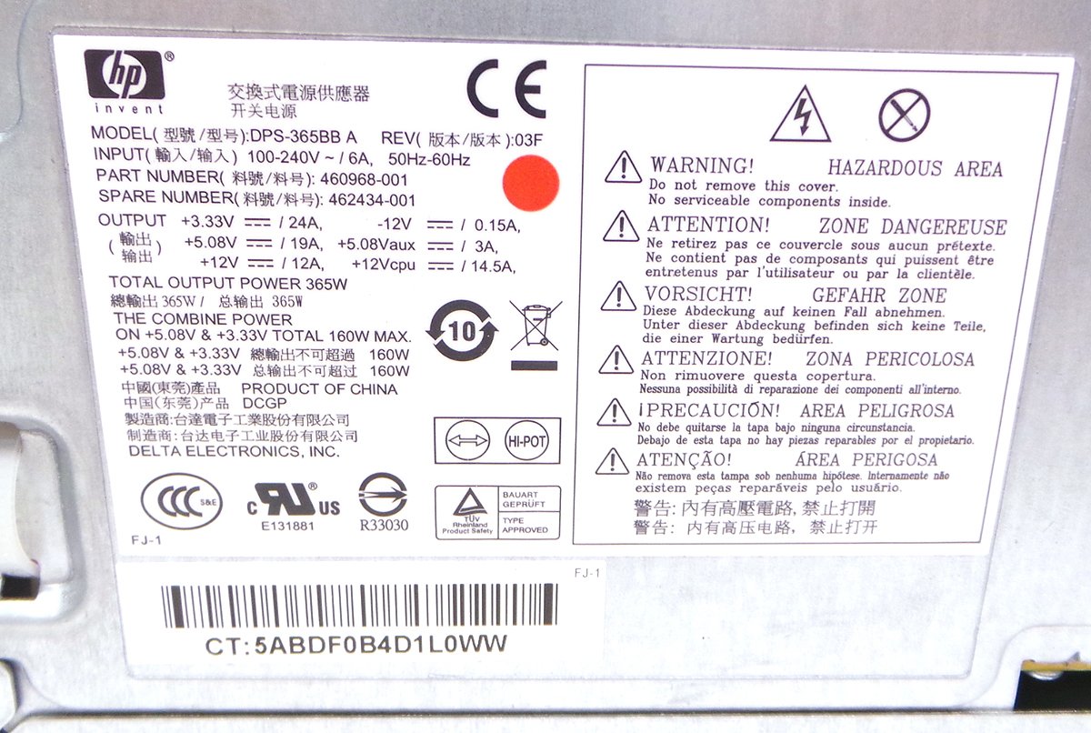Genuine HP Hewlett-Packard 365W 462434-001 460968-001 Power Supply For HP Compaq DC7900 Convertible Minitower PC KP719AV FU031ET FU032ET FU053EA FU033ET FU040ET FS484AW FS483AW FG385EC FG391EC FG350EC FG384EC FG381EC FG380EC FP049PA FG377EC FG376EC FP049P