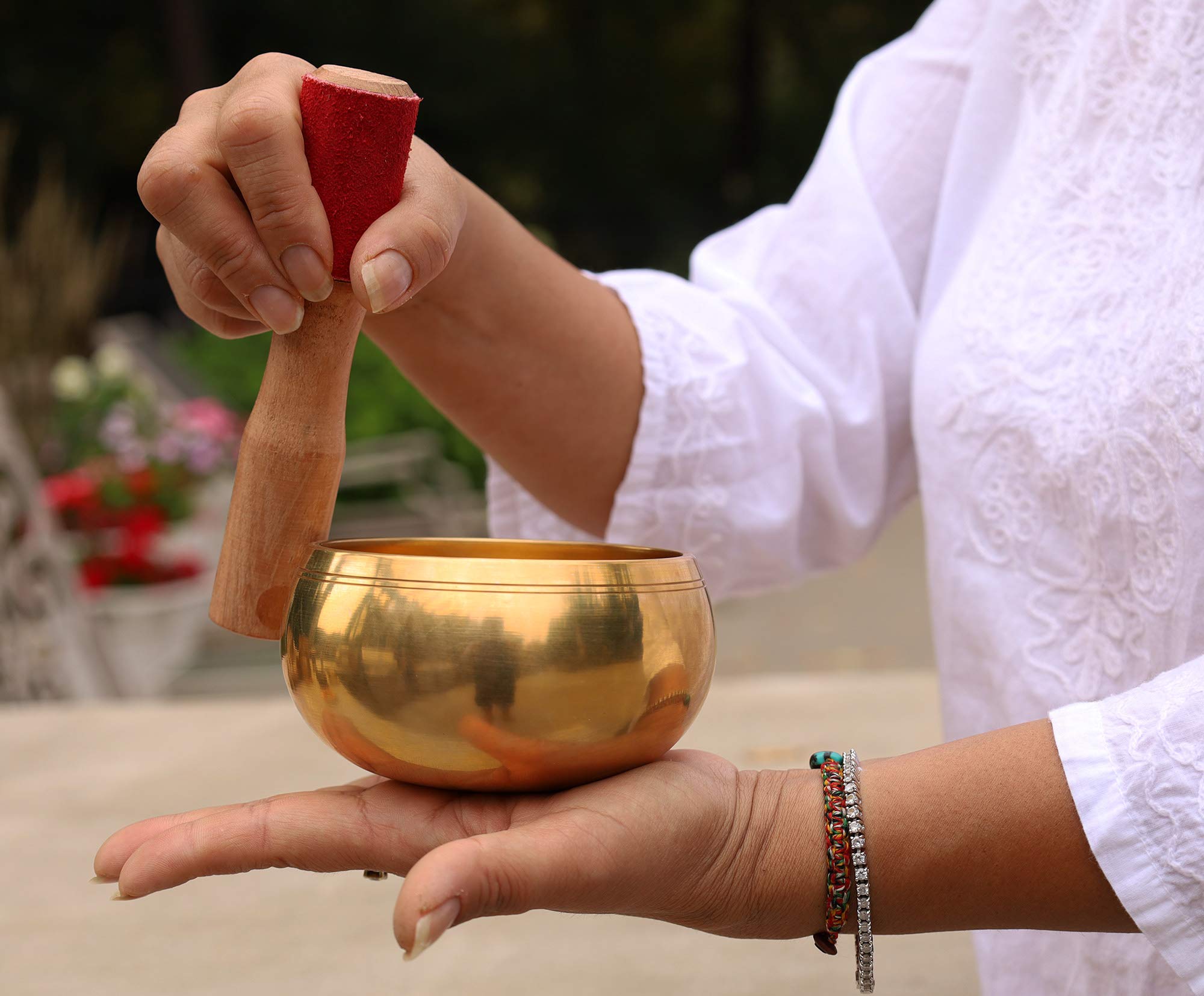 DharmaObjects Medium ~ Tibetan OM MANI Singing Bowl Set ~ With Mallet, Brocade Cushion & Carry Bag ~ For Meditation, Chakra Healing, Prayer, Yoga (Yellow)