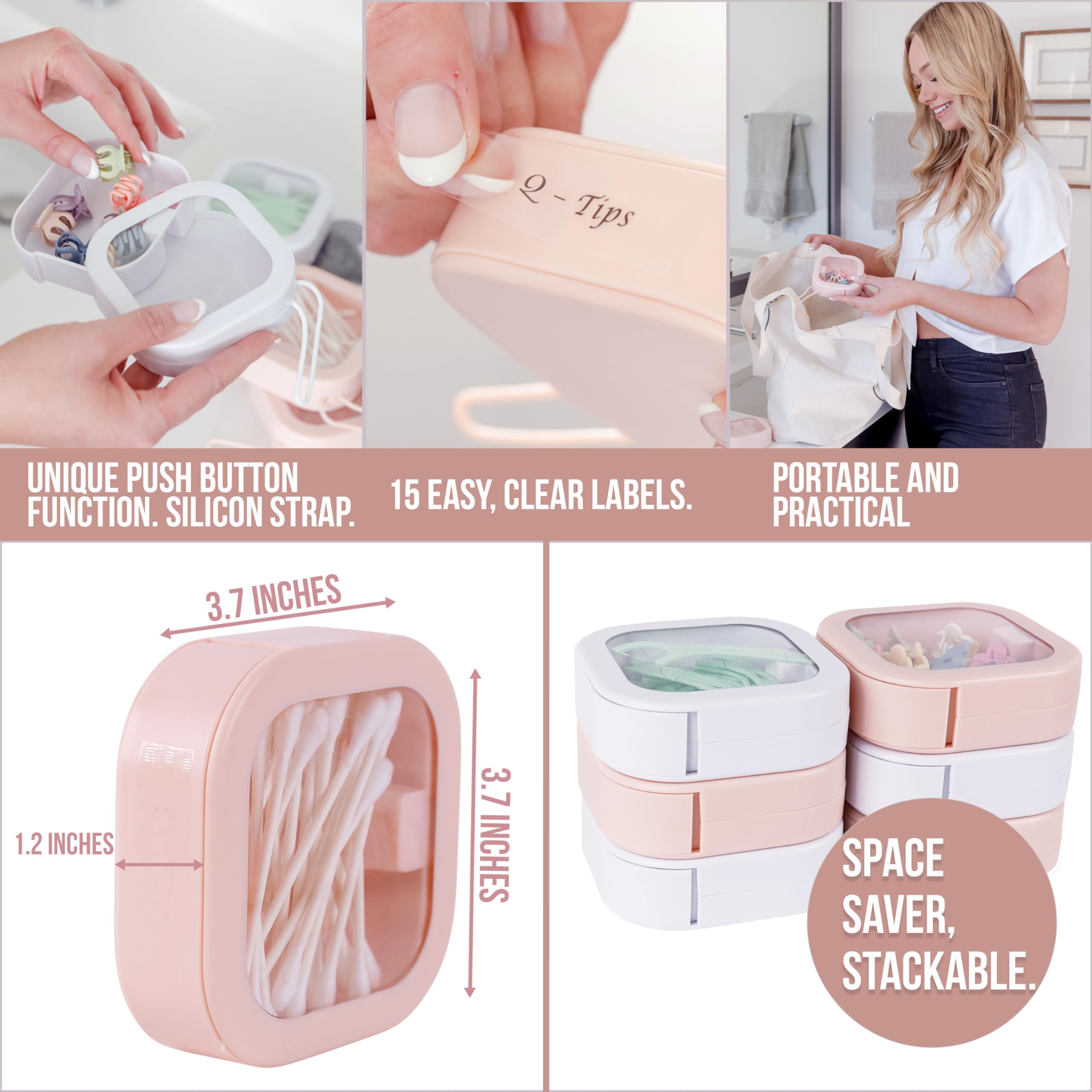StyleStash 6 Pack Portable Hair Tie Organizer Box Set with Sticker Labels - Small Stackable Containers Make a Great Bobby Pin Holder, Cotton Swab Container, Travel Jewelry Storage Dispenser
