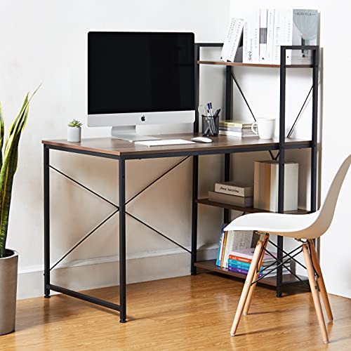 Coral Flower Tower Computer Desk with 4 Tier Shelves - 47.6'' Multi Level Writing Study Table with Bookshelves Modern Steel Frame Wood Desk Compact Home Office Workstation (Natural brown)