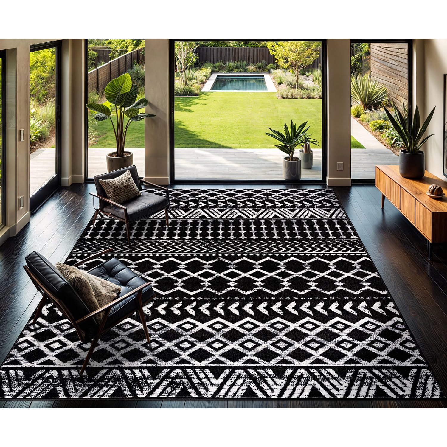 CAMILSON Boho Moroccan Black and White Rug Geometric Diamond 8x10 Area Rugs for Living Room Bedroom Kitchen Modern Bohemian Soft Stain Resistant Non-Shedding Indoor Carpet (8 x 10 Black - White)