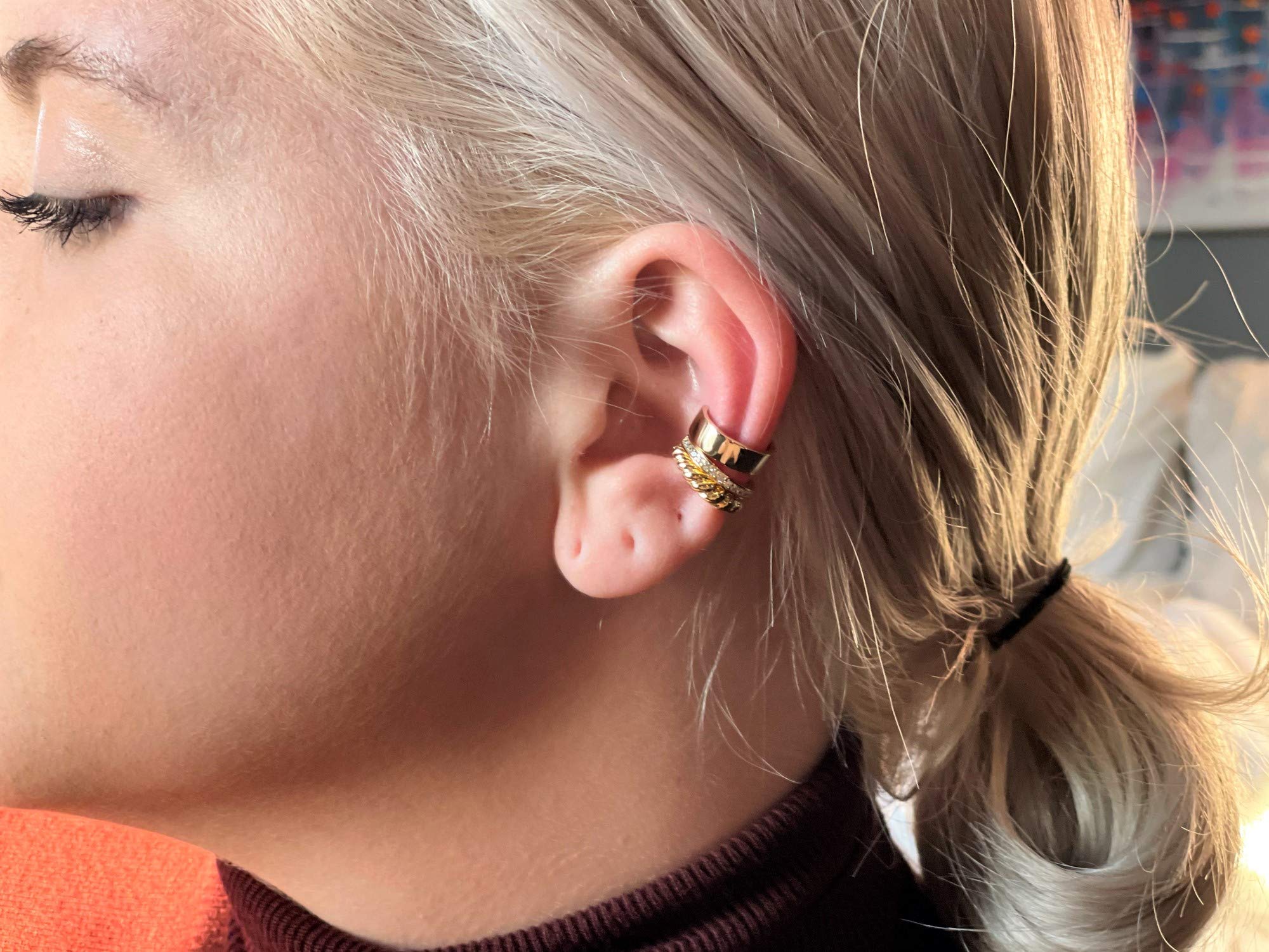 925 Sterling Silver 18K Gold Plated Huggie Ear Cuff for Women | Clip on Cartilage | Set of Three Ear Wraps | Bold Essentials