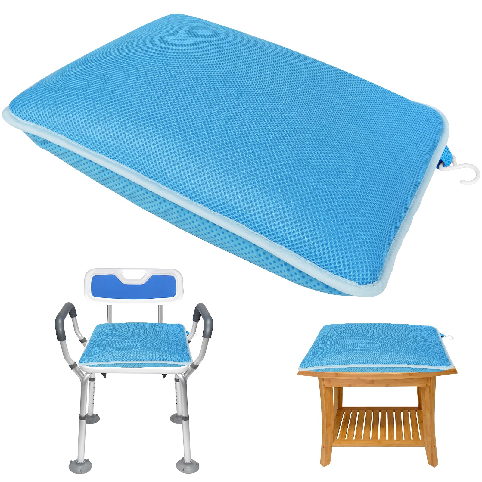 Shower Chair Cushion,3D Mesh Upholstered Transfer Stool Cushion,Foam Cushion with Hooks,Machine Washable Shower Stool Cushion for Elderly,Leg Injuries, Disabled (Cushion Only)