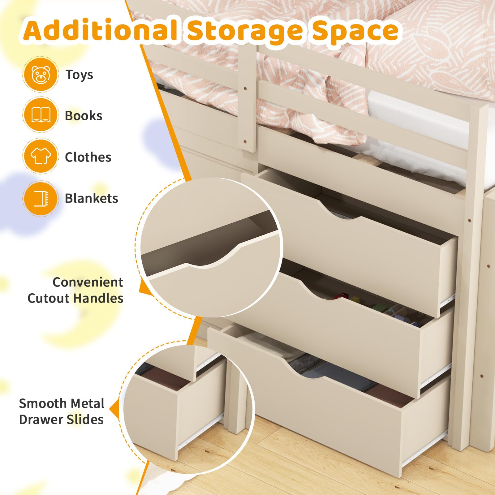 Costzon Twin Low Loft Bed, Multifunctional Loft Bed with Slide, Ladder, 3 Drawers & Under-Bed Play Space, No Box Spring Needed, Wooden Loft Platform Bed Frame with Guardrails for Teens (Beige)