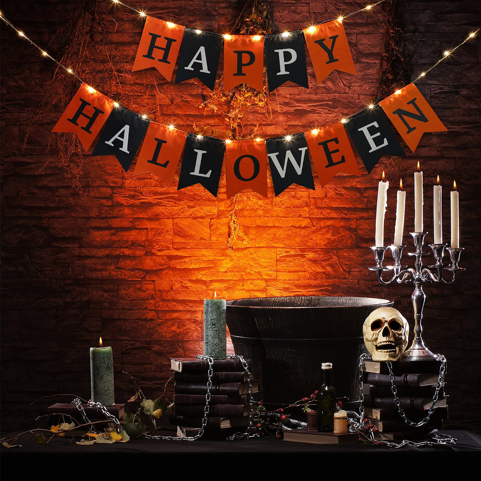 Happy Halloween Banner Halloween Decoration Fabric Banner Garland with String Light for Fireplace Decorative Halloween Black Orange Banner Halloween Flag Party Mantel Hanging Decoration Supplies
