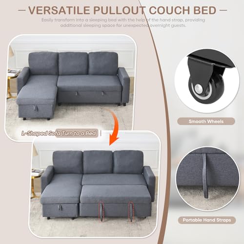 Antetek Reversible Sectional Sofa Couch with Pull-Out Bed, Modern Linen L-Shaped Sleeper Sofa Bed with Storage Chaise, Furniture Set for Living Room, Small Space, Office, Dark Grey