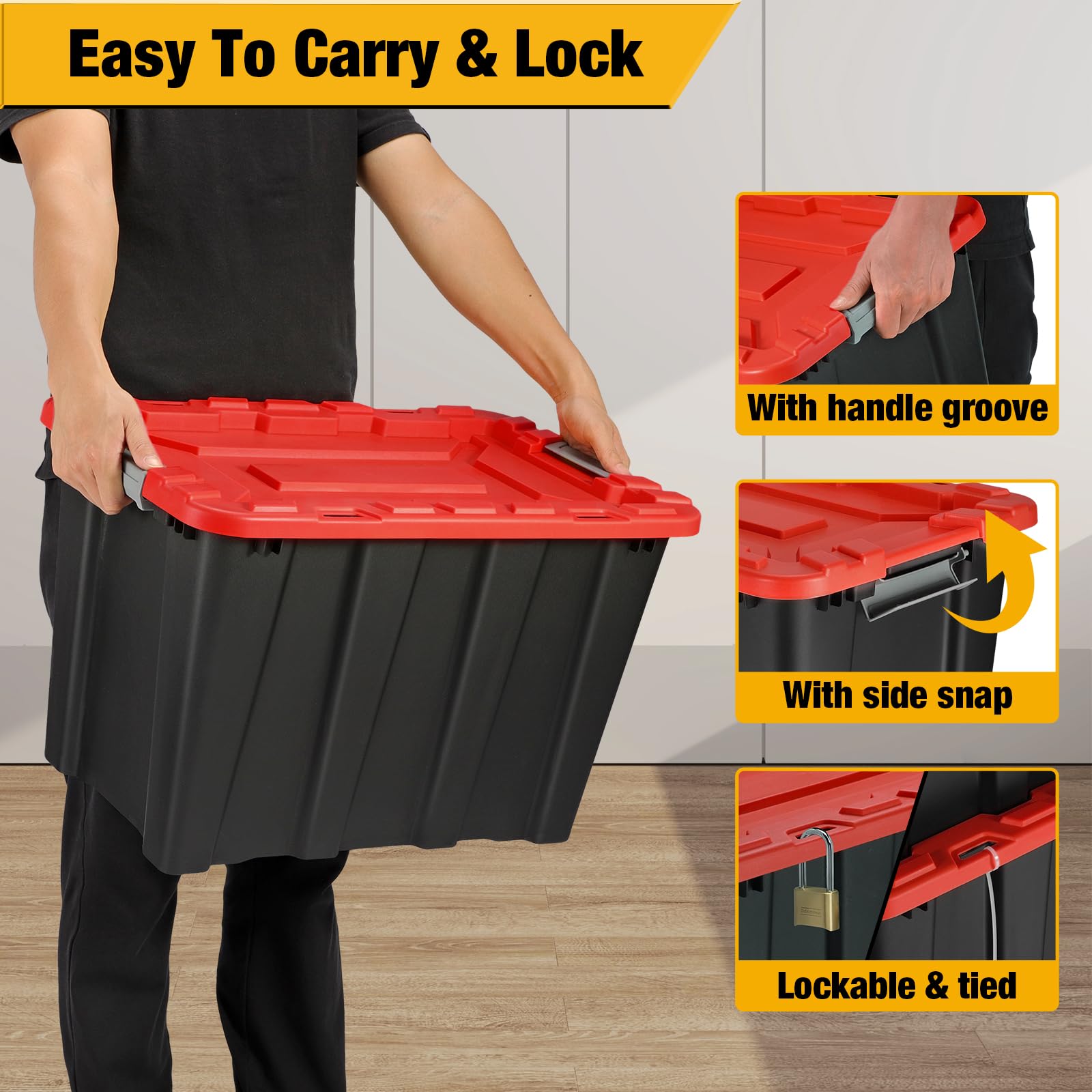 BROVIEW V12 16Gal Heavy Duty Plastic Storage Bins with Latching Lids, Stackable Tough Tote Storage Box Containers with Lock Hole & Handle for Garage Workshop Metal Rack (Black Base/Red Lid, 4Pack)