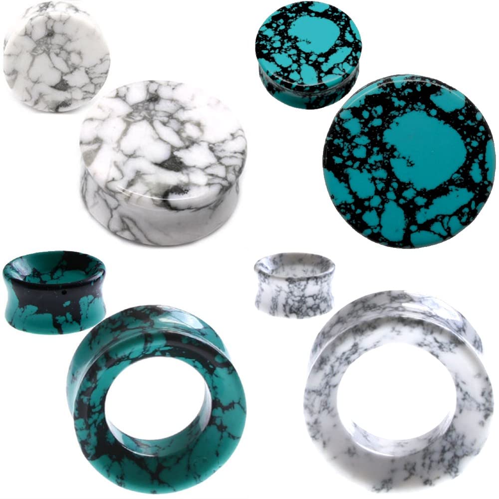 4pcs White and Teal Howlite Combo Ear Tunnels Ear Gauges Solids and Hollow 4 Pairs (12mm- 1/2 inch)