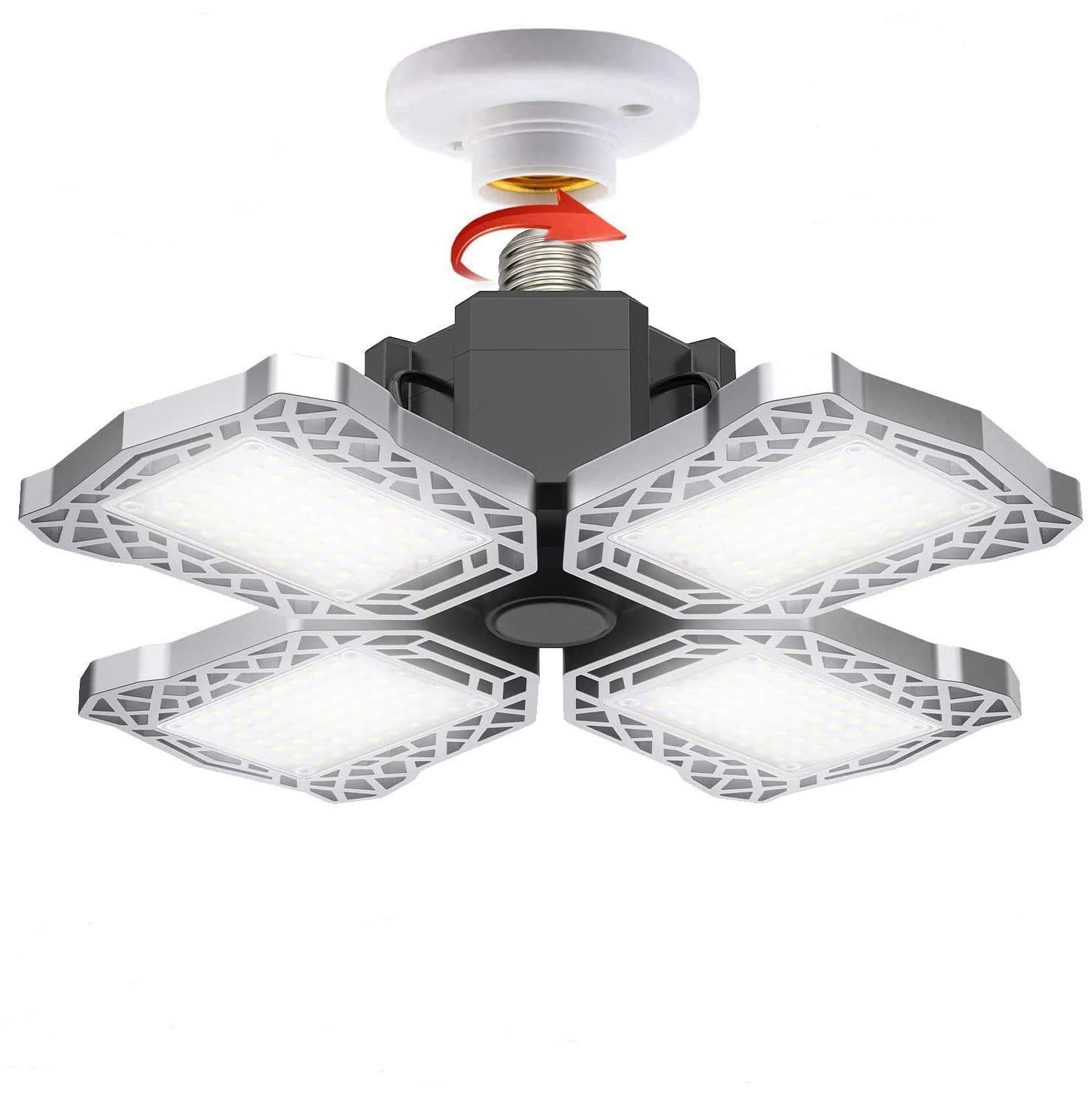70W 80000H Lifetime LED Garage Light, Upgrade 4 Panels 224 LED Light Bulbs, 8500LM Deformable E26/E27 Garage Ceiling Lighting, Adjustable Aluminum Panels, Shop Light, Bay Light, Warehouse Light