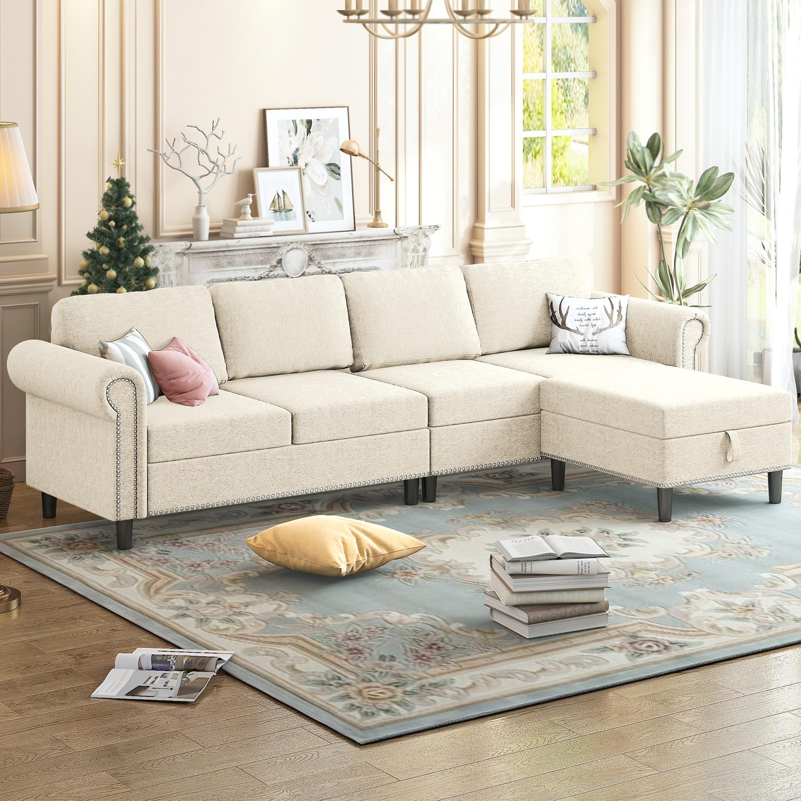 PUREMIND Beige L Shape 102" Sectional Sofa Couch with Movable Storage Ottoman, Linen 4 Seat Convertible Couch with Reversible Chaise, Living Room Sets for Office, Apartment