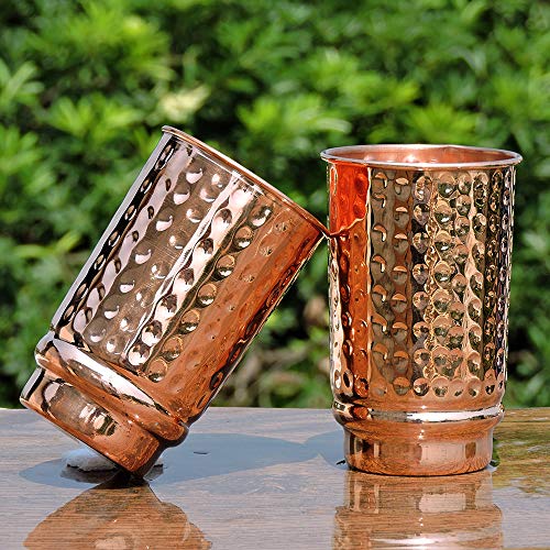 Hammered Pure Copper Tumblers Set of 2, UNLINED, UNCOATED and LACQUER Free | 350 Ml. (11.8 US Fl Oz) Traveller's Copper Cups for Ayurveda Health Benefits