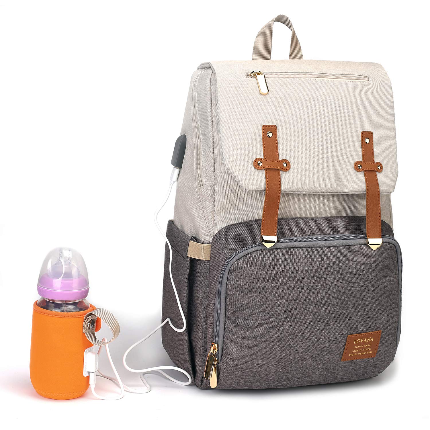 LOVANA Diaper Bag Backpack, Baby Bag, Multi-functional Travel Back Pack, Anti-Water Maternity Nappy Bag Changing Bags with Insulated Pockets Stroller Straps and Built-in USB Charging Port,Beige&Gray